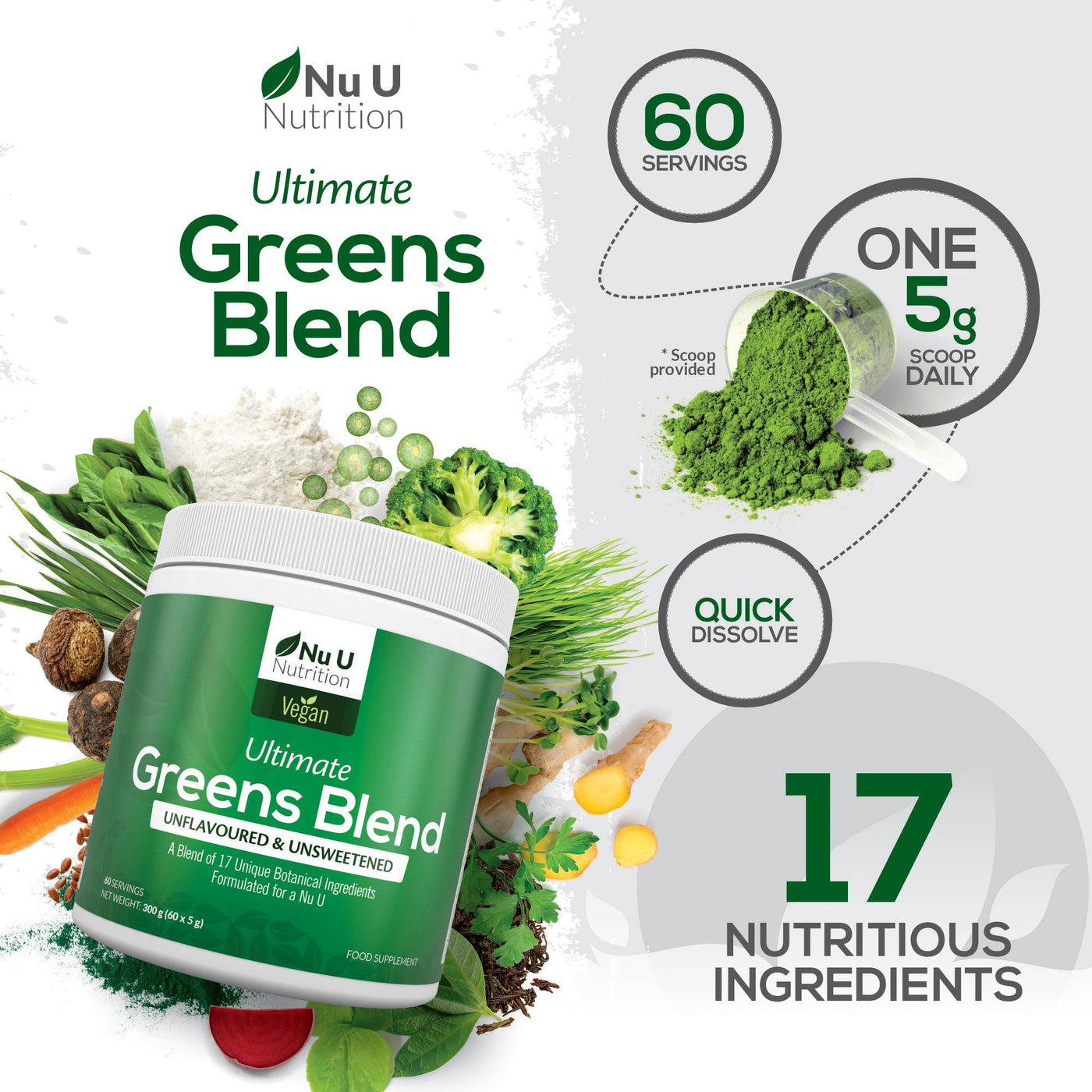 Ultimate Greens Blend Powder - 17 Organic Ingredients for Health, Vita ...