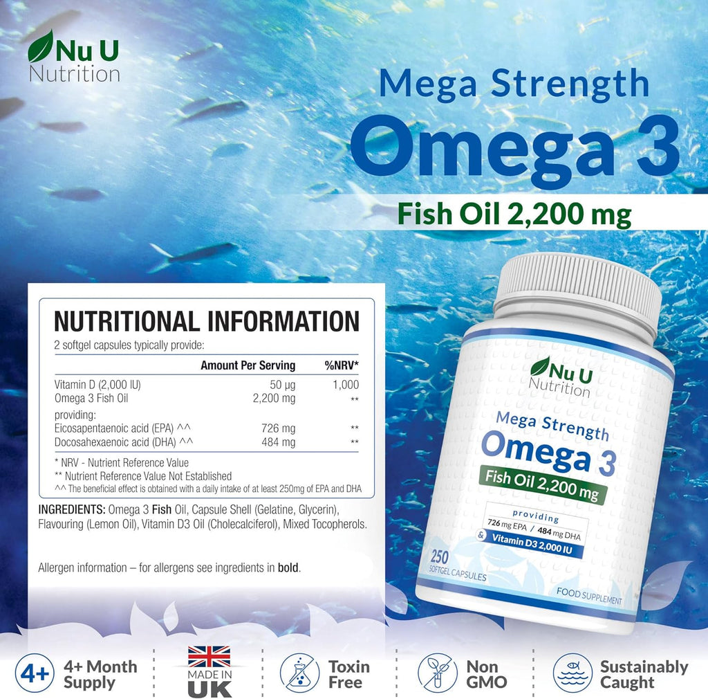 Omega 3 2200mg & Vitamin D3 2000IU - 250 Capsules - Over 4 Month Suppl ...