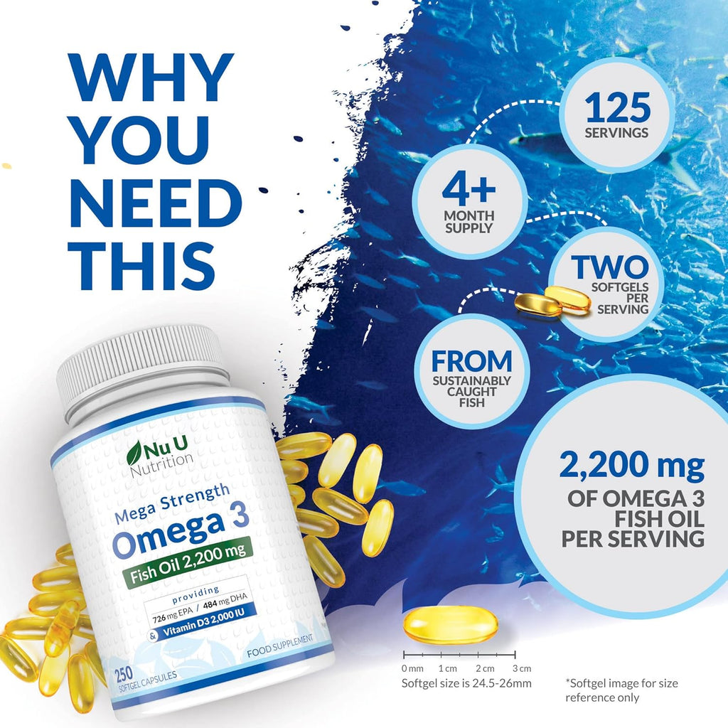 Omega 3 2200mg & Vitamin D3 2000IU - 250 Capsules - Over 4 Month Suppl ...